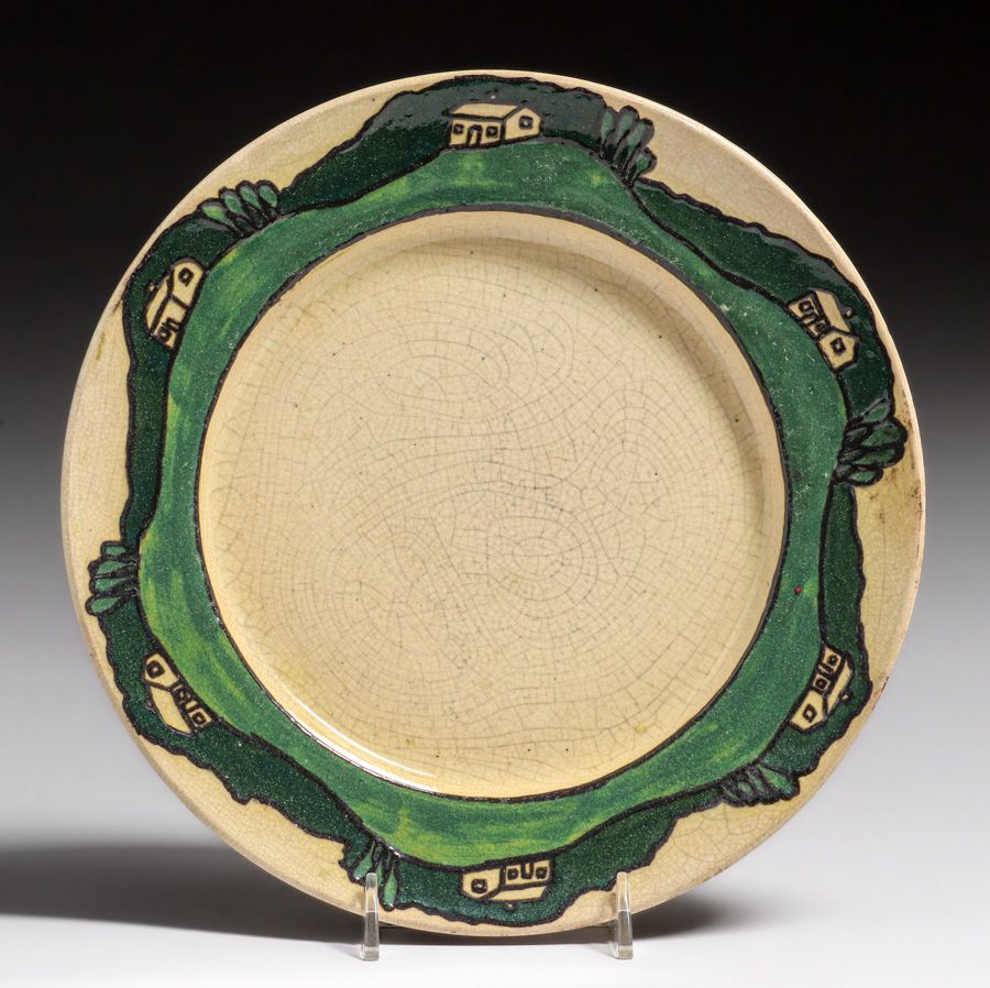 Early Pewabic Pottery Iridescent Crackleware Cottage Landscape Plate ...