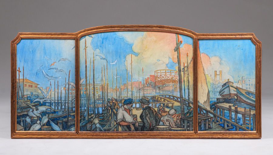 Daniel Sayre Groesbeck (1878-1950) Harbor Scene Triptych c1920s ...
